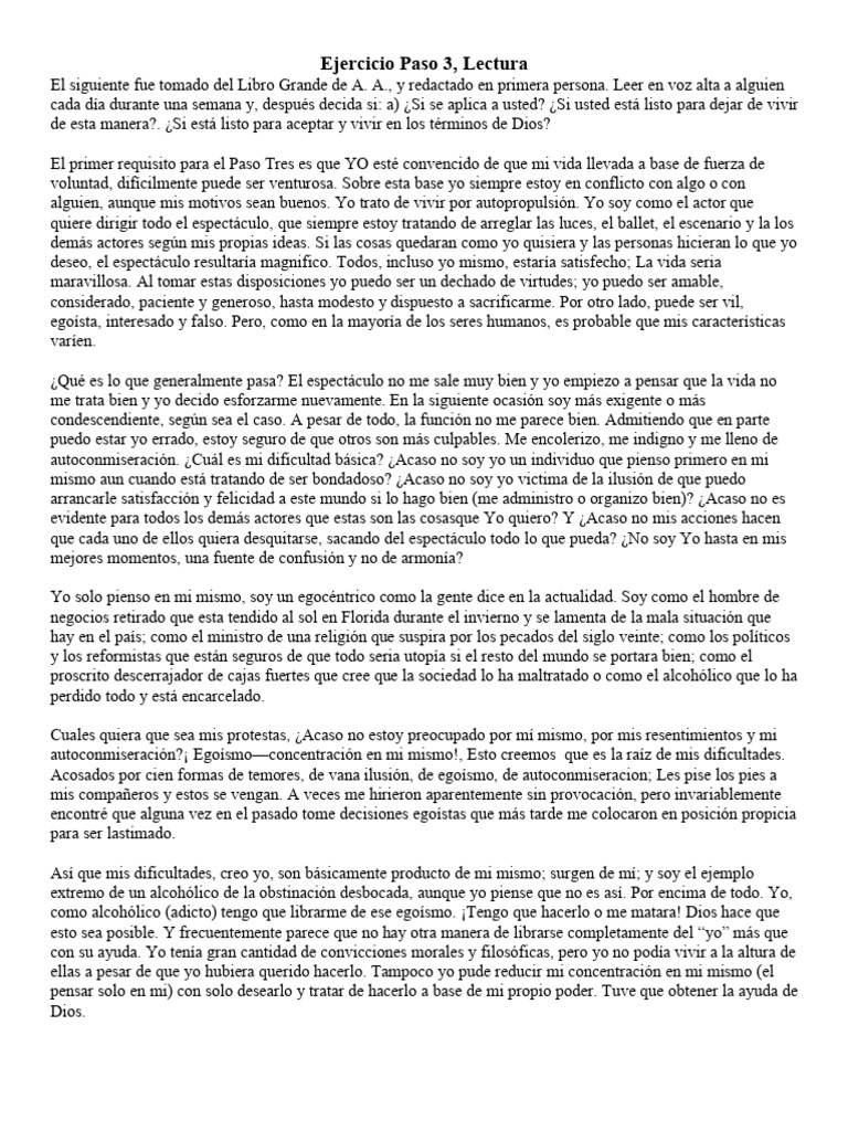 Ejercicio Paso 3 (Lectura) | PDF | Egoismo psicologico | Dios