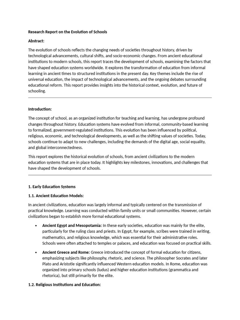 Research Report On The Evolution of Schools | PDF | Educational ...