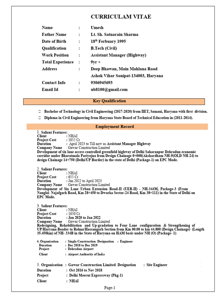 umesh Resume Assistant Manager Highway | PDF | Road Surface | Concrete