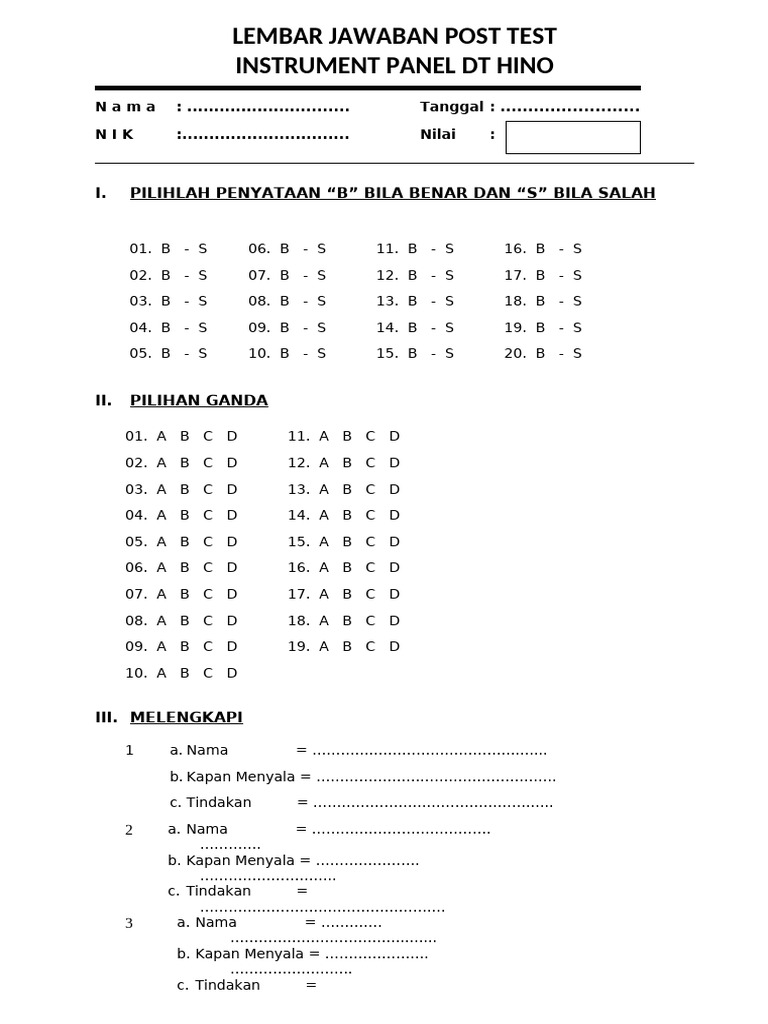 Lembar Jawaban Post Test Hino | PDF