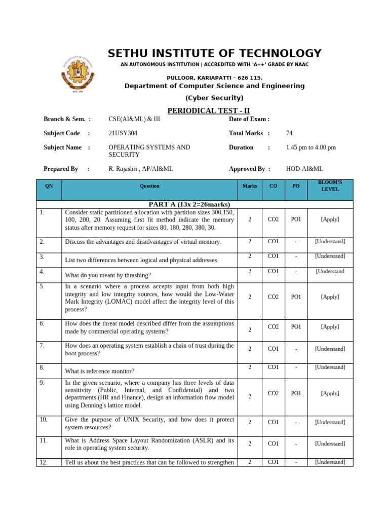 Operating Systems and Security Test Paper | PDF | Computer Security ...