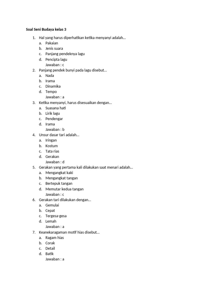 Soal Seni Budaya Kelas 3 | PDF