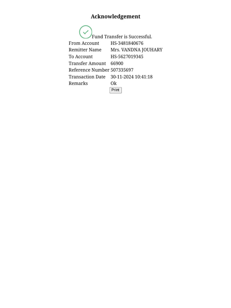 Successful Fund Transfer Acknowledgement | PDF