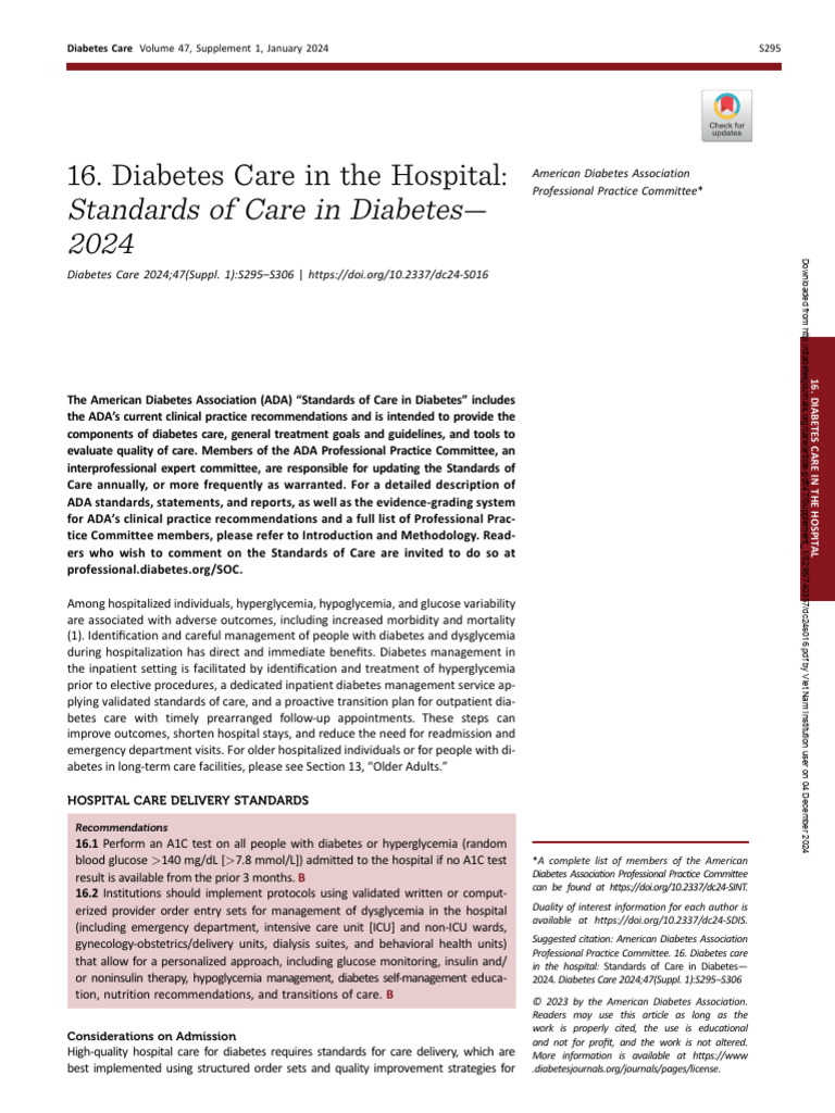 Diabetes Care in The Hospital - ADA 2024 | PDF | Diabetes | Glycated ...