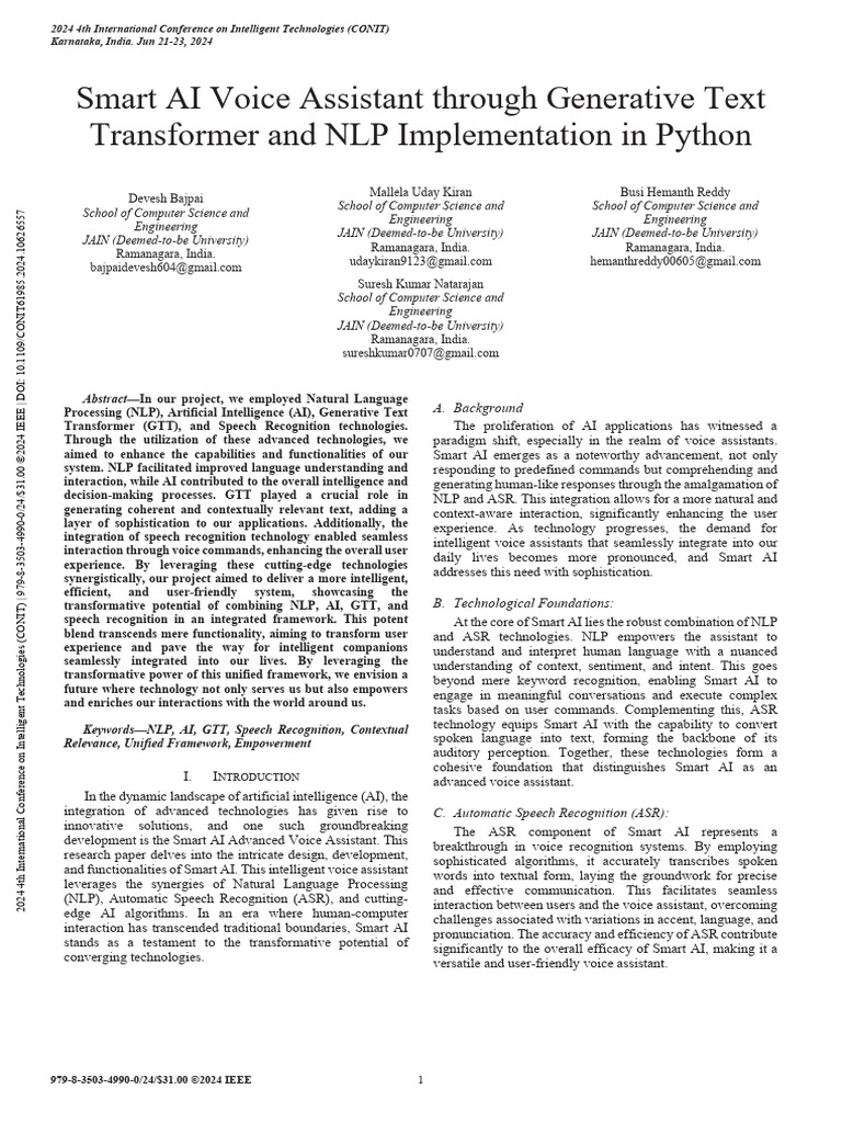 Smart AI Voice Assistant Through Generative Text Transformer and NLP Implementation in Python ...