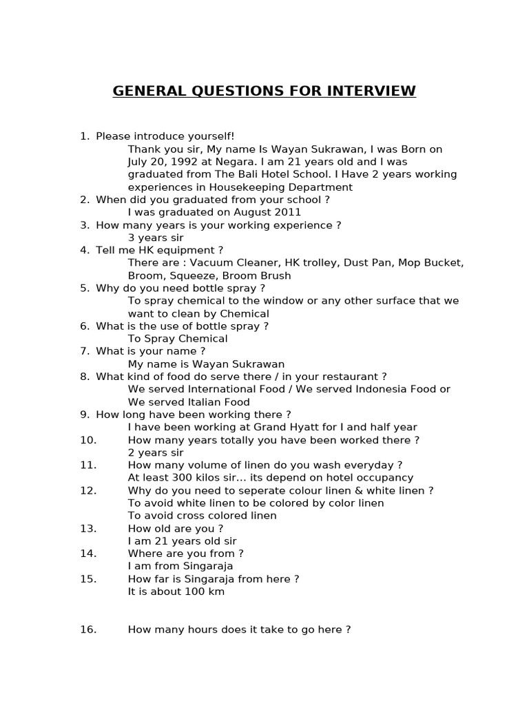 GENERAL QUESTIONS FOR INTERVIEW | PDF | Housekeeping | Laundry