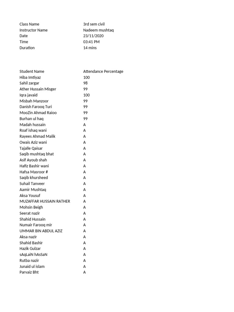 3rd Semester Civil Class Attendance Report | PDF