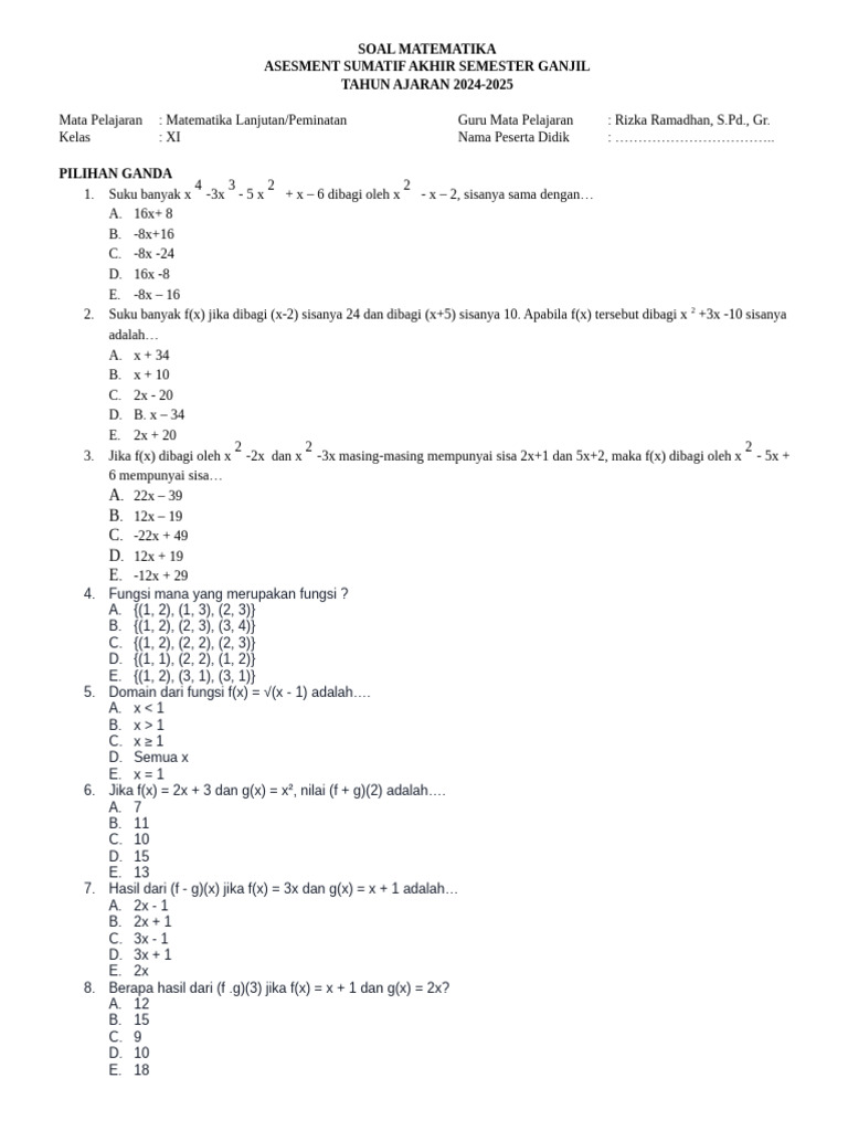 Soal Asas 1 MTK Pem X Sma | PDF