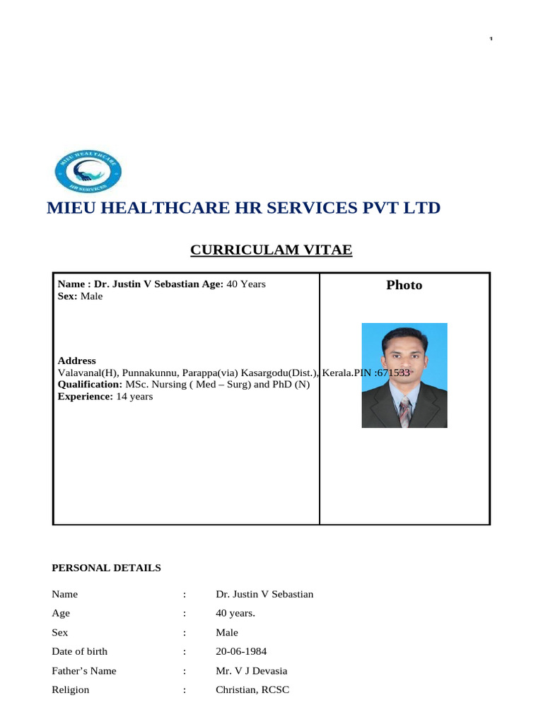 Dr. Justin V Sebastian: Nursing CV | PDF | Nursing