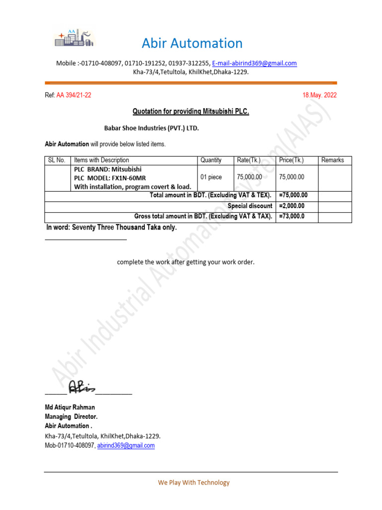 Quotation For Providing Mitsubishi PLC (Babar Shoe) . | PDF