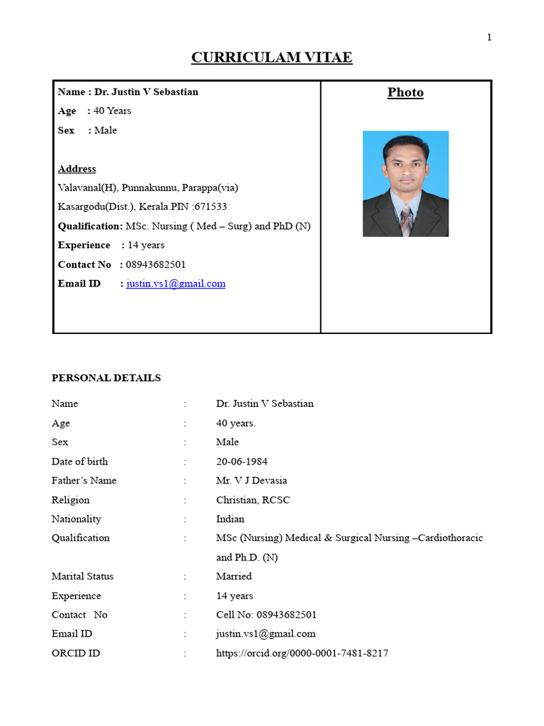 Dr. Justin V Sebastian: CV & Achievements | PDF | Nursing