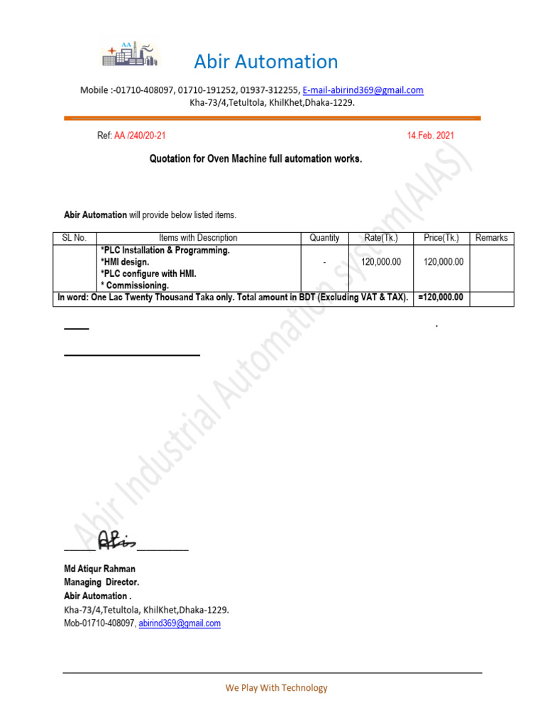 Quotation for Oven Machine full automation works.(Ejab Group) | PDF