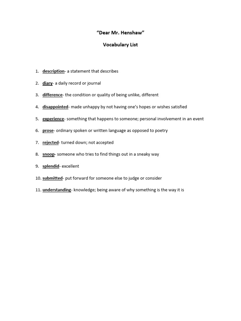 Vocabulary List for "Dear Mr. Henshaw" | PDF