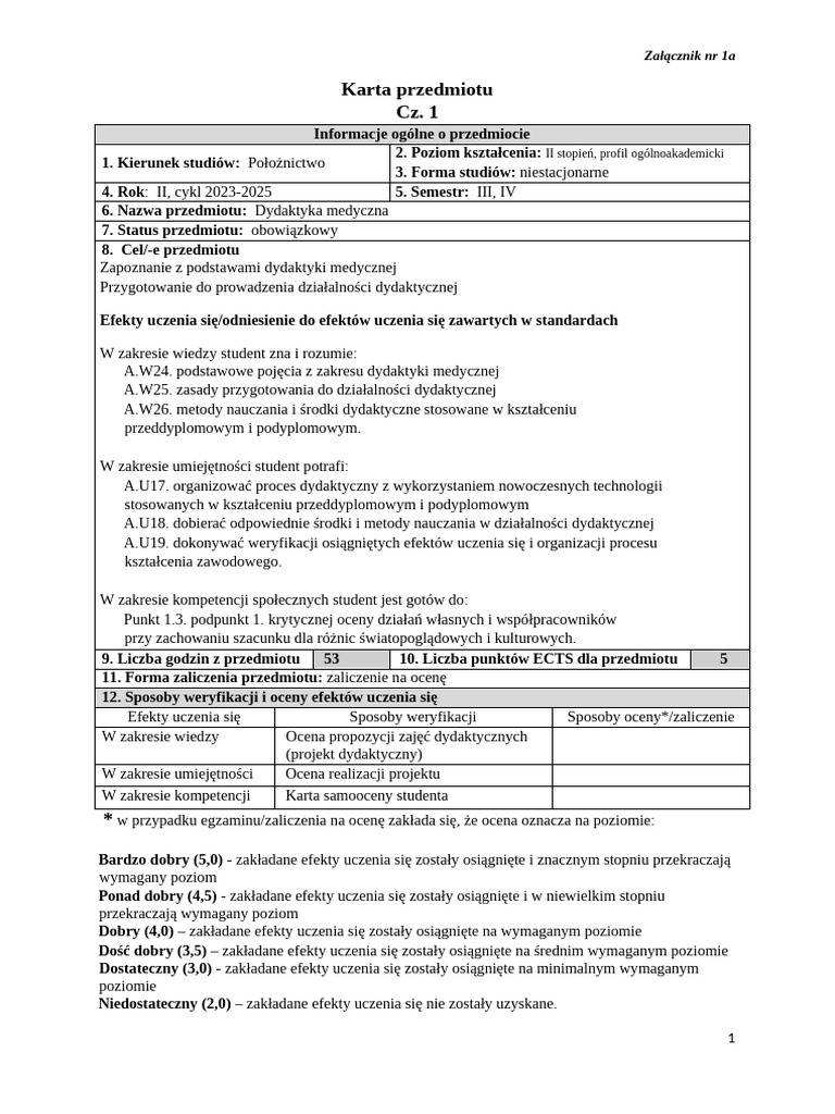 Dydaktyka Medyczna POUN Cykl 2023-2025 | PDF