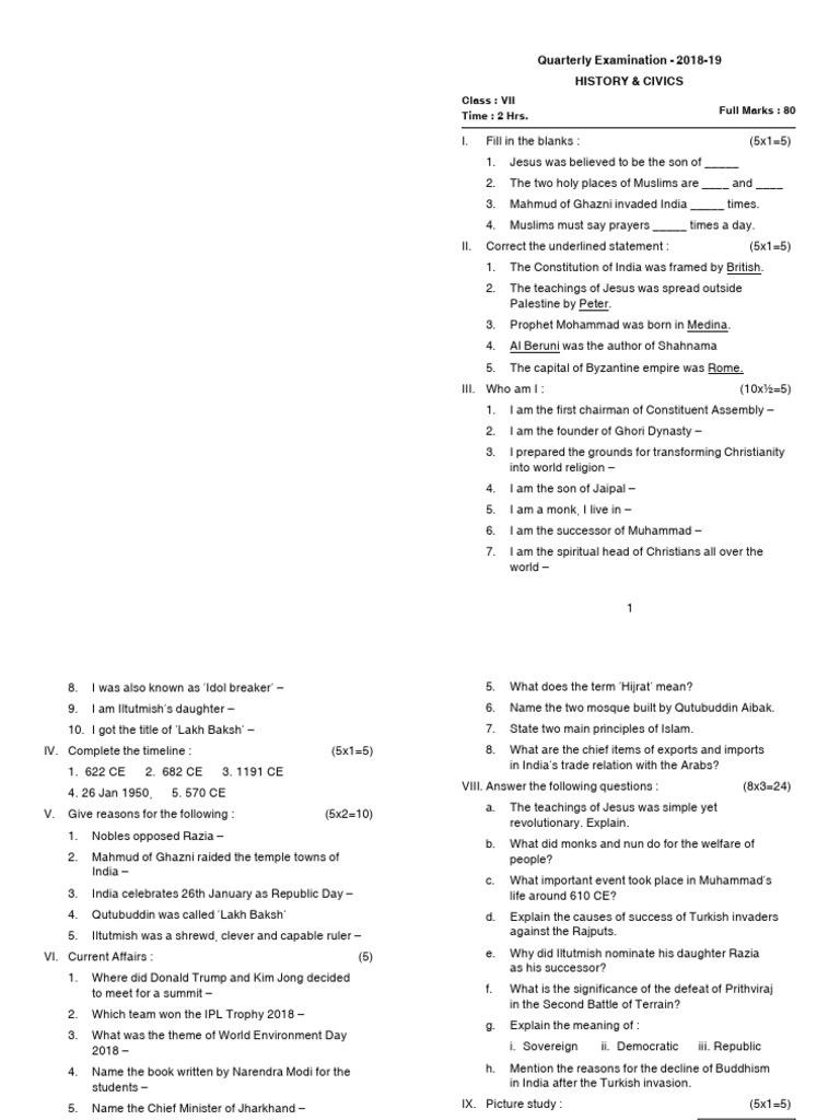 icse-class-7-qty-history-and-civics-2019 | PDF | Abrahamic Religions