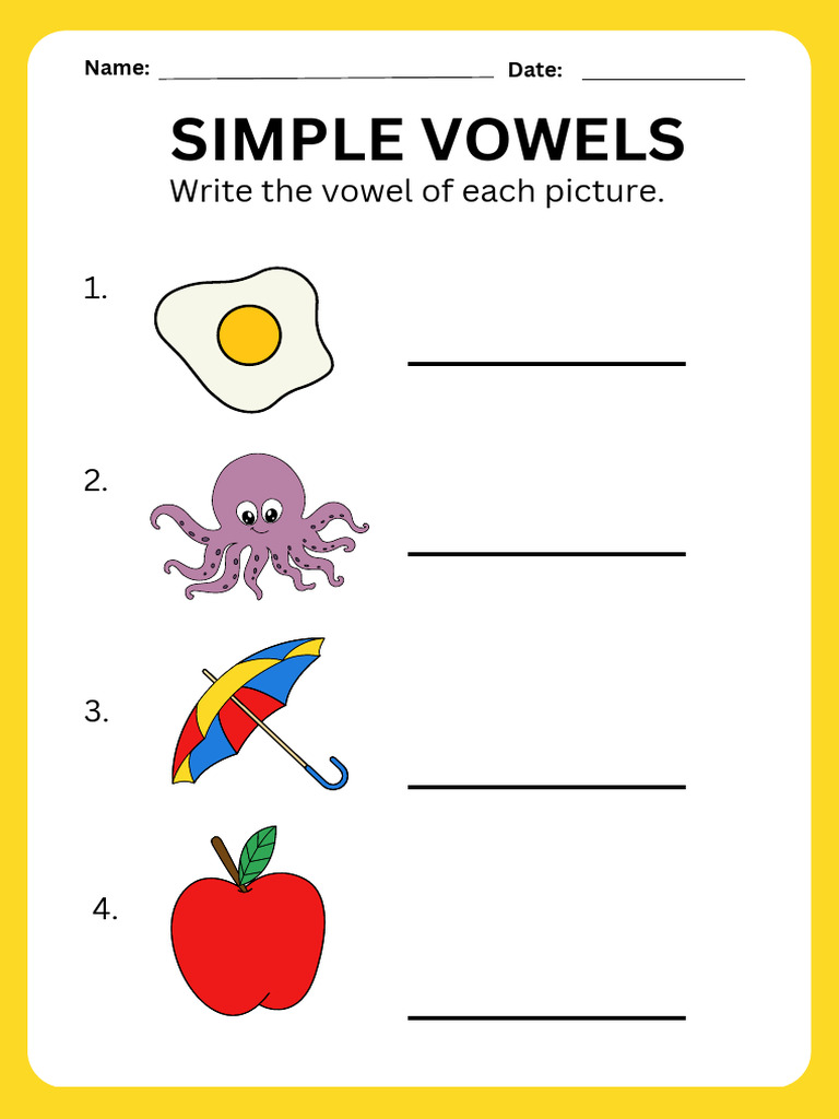 Yellow White Minimalist Simple Vowels Preschool English Worksheet | PDF