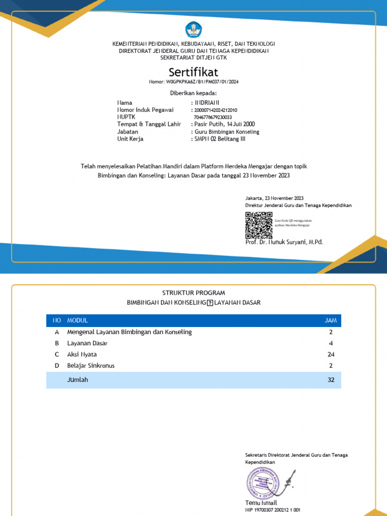 Certificate Layanan Dasar BK | PDF