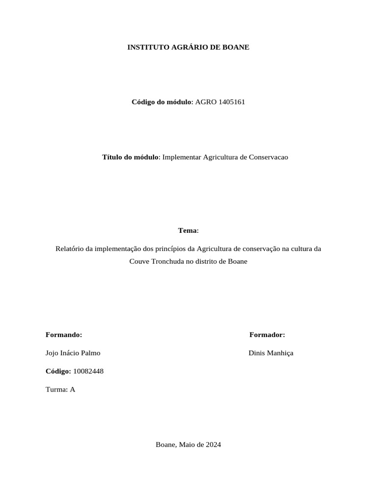 Implementação da Agricultura de Conservação na Couve Tronchuda em Boane ...