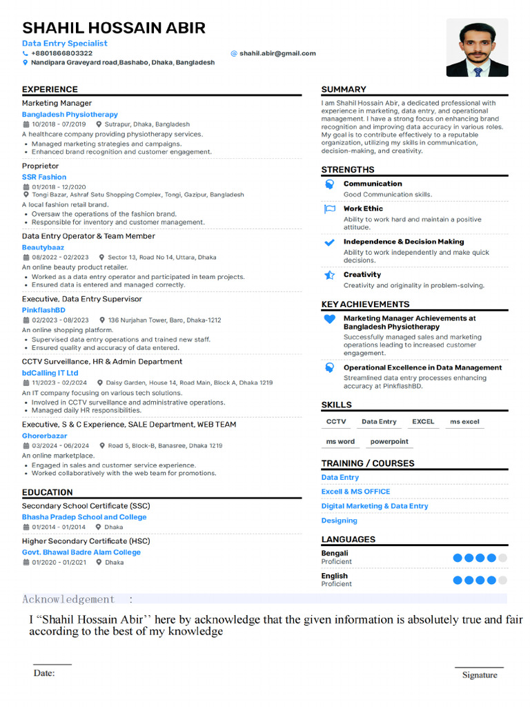Shahil Hossain Abir - Resume - Pic | PDF