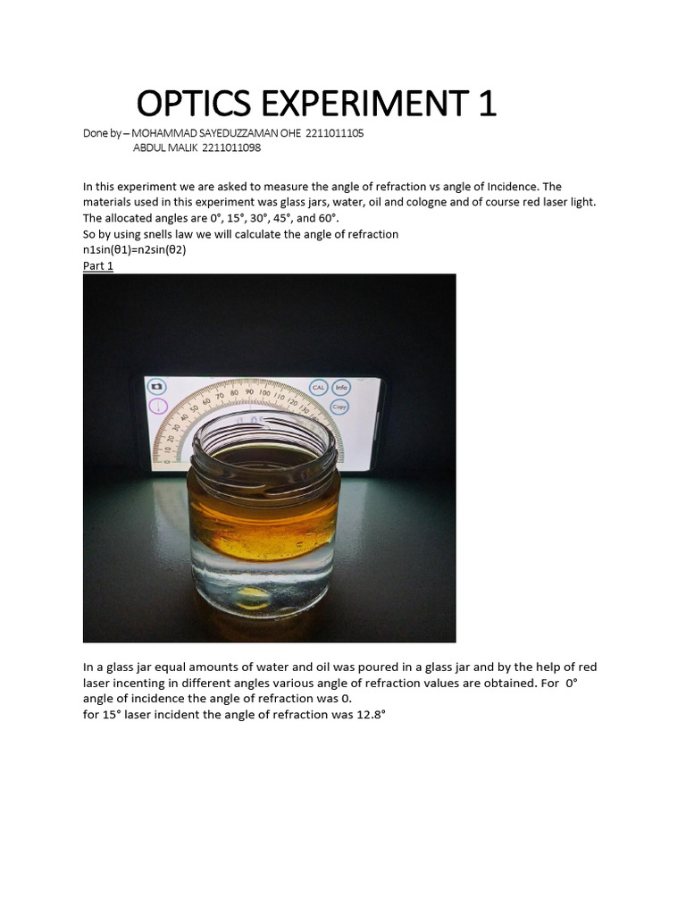 Optics Experiment | PDF | Refractive Index | Refraction