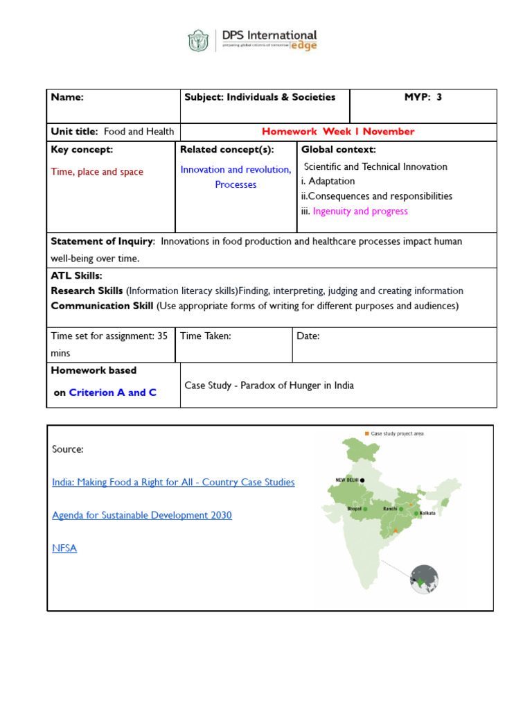MYP 3 - Food and Health Nov HW 1 | PDF | Food Security | Hunger
