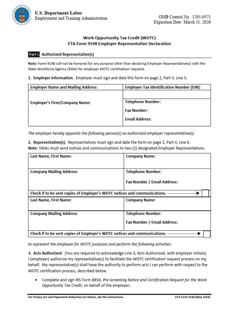 ETA Form 9198 - Employer Representative Declaration Form | PDF | Irs ...