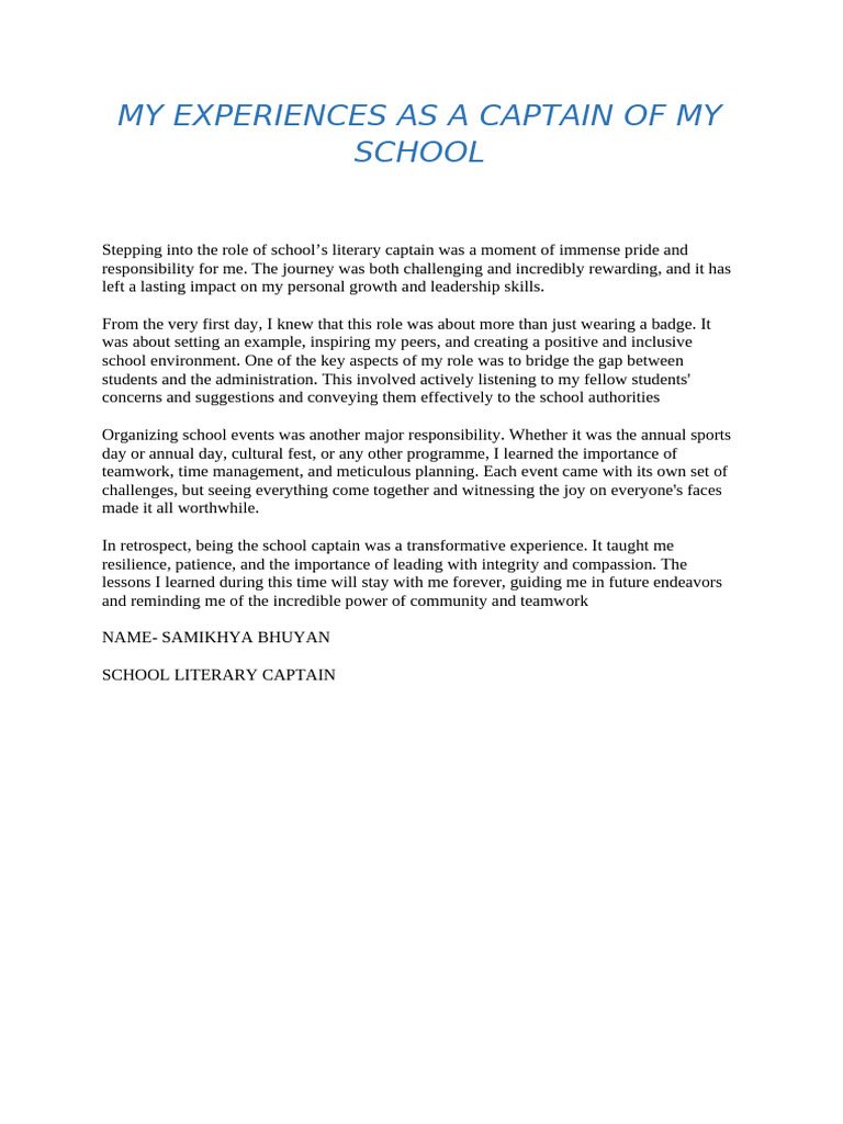 MY EXPERIENCES AS A CAPTAIN OF MY SCHOOL | PDF