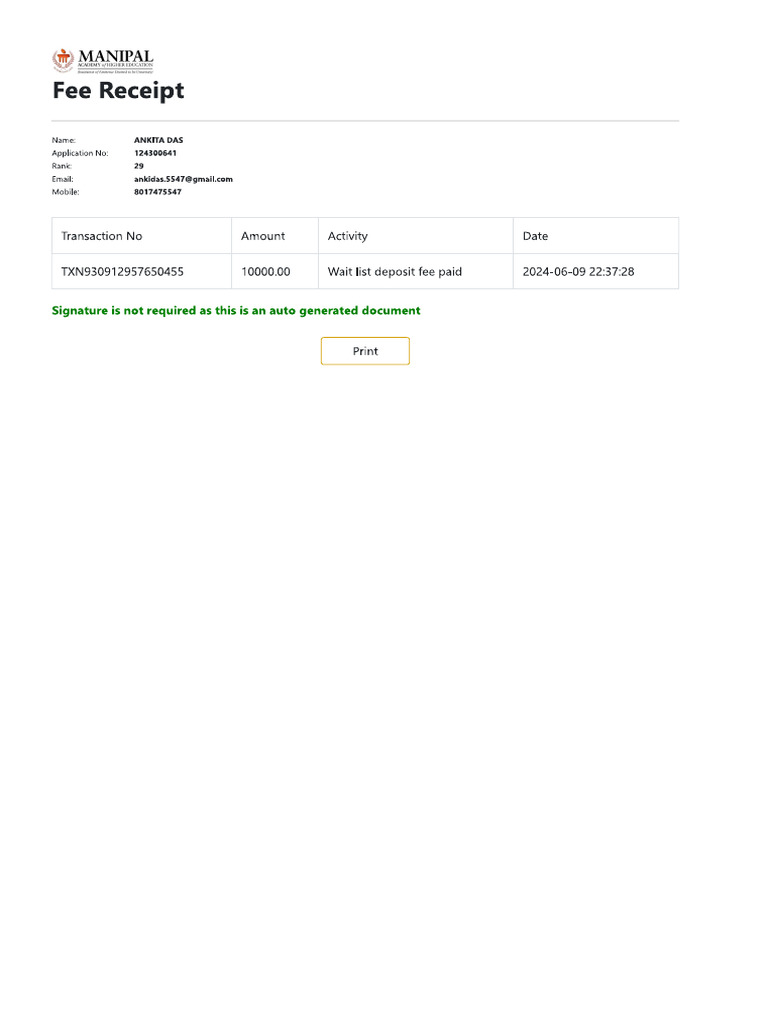 Manipal Payment Rs 10000 Receipt | PDF