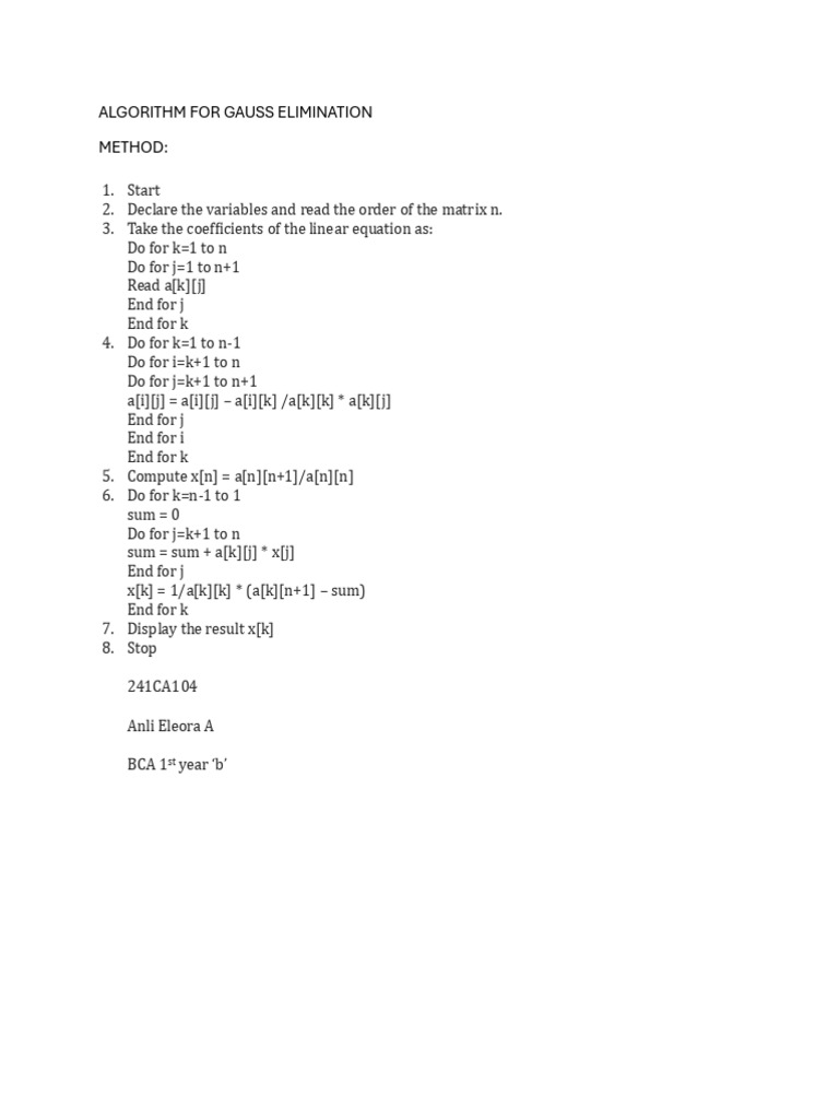 Gauss Elimination Algorithm Steps | PDF