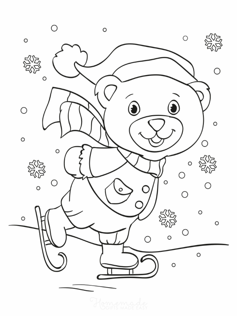 Winter Coloring Pages Cute Bear Ice Skating Snowflakes | PDF