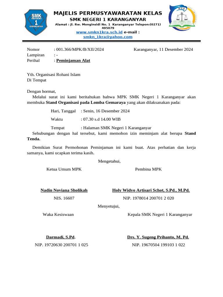 Surat Peminjaman Stand Rohis | PDF