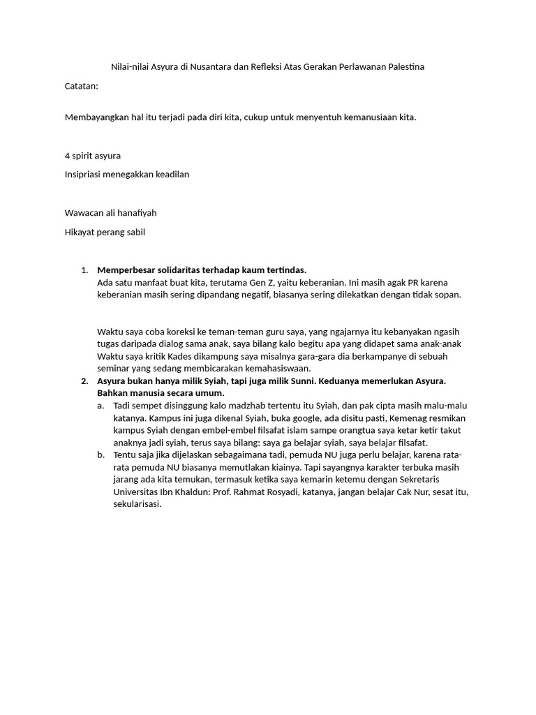 Catatan Diskusi Nilai-Nilai Asyura Di Nusantara Dan Refleksi Atas Gerakan Perlawanan Palestina | PDF