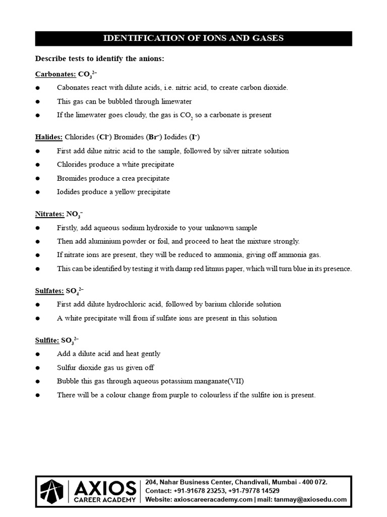 IGCSE Chemistry: Ion and Gas Identification | PDF | Hydroxide ...