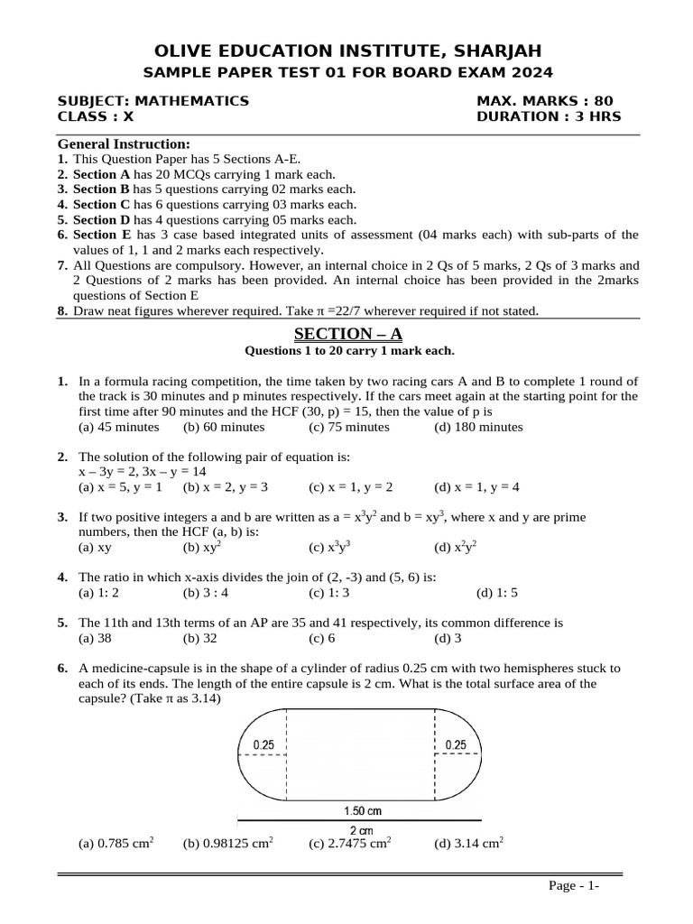 Maths Class X Sample Paper Test 01 For Board Exam 2024 | PDF | Sphere ...