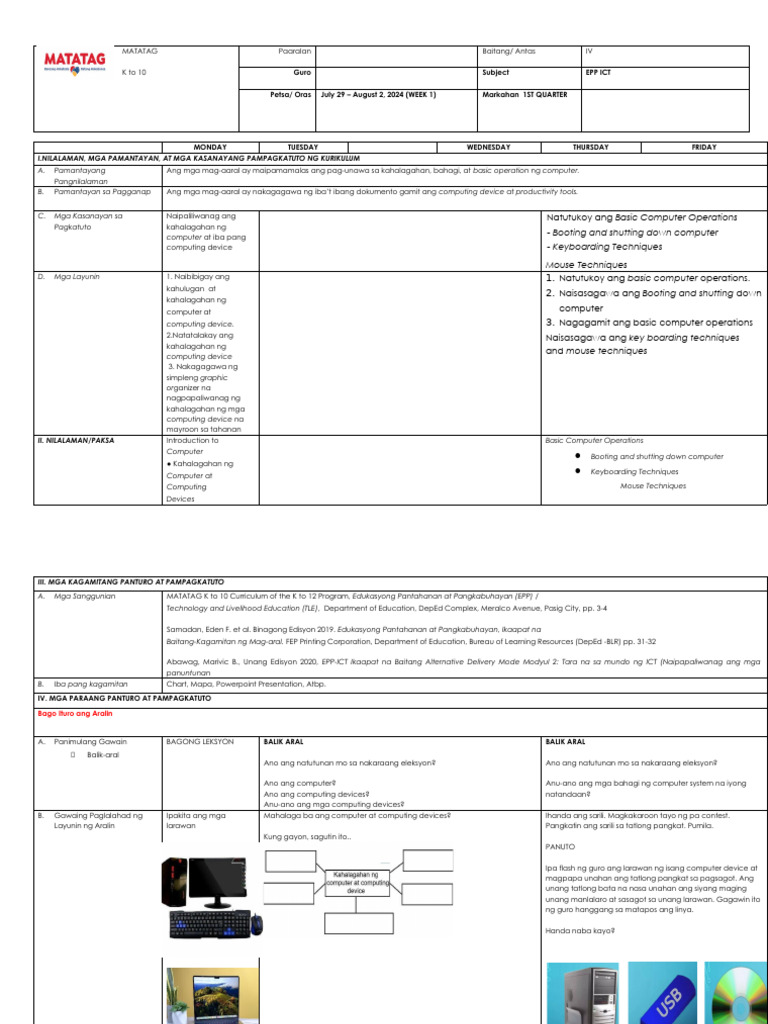 Matatag DLL Week 1 Epp G4 | PDF