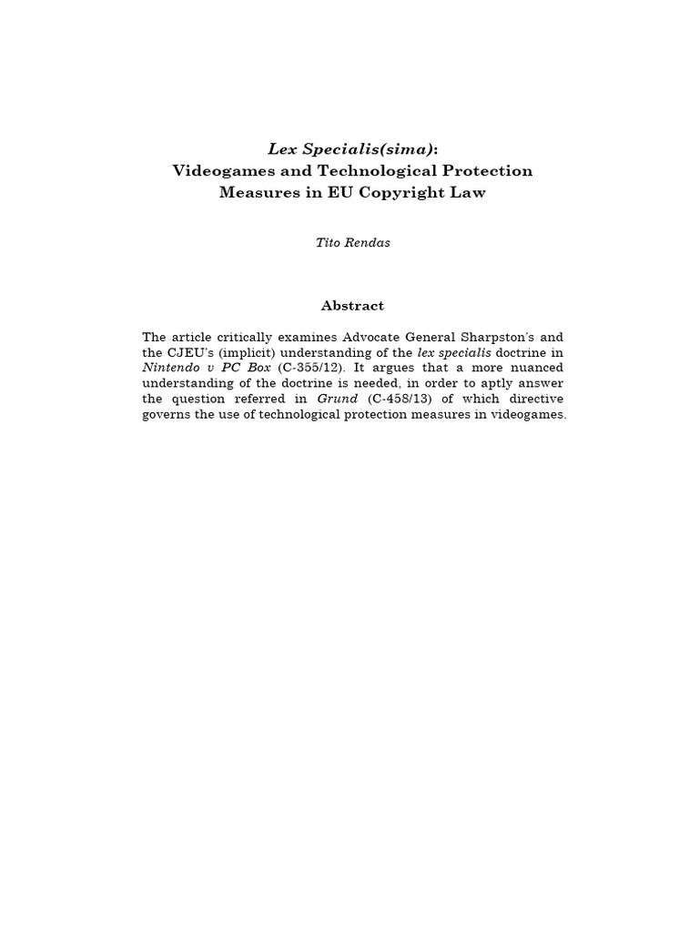 2014 Lex Specialis (Sima) : Videogames and Technological Protection ...