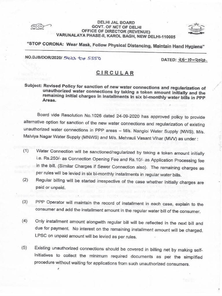 Revised Policy of Sanction of New Water Connection | PDF