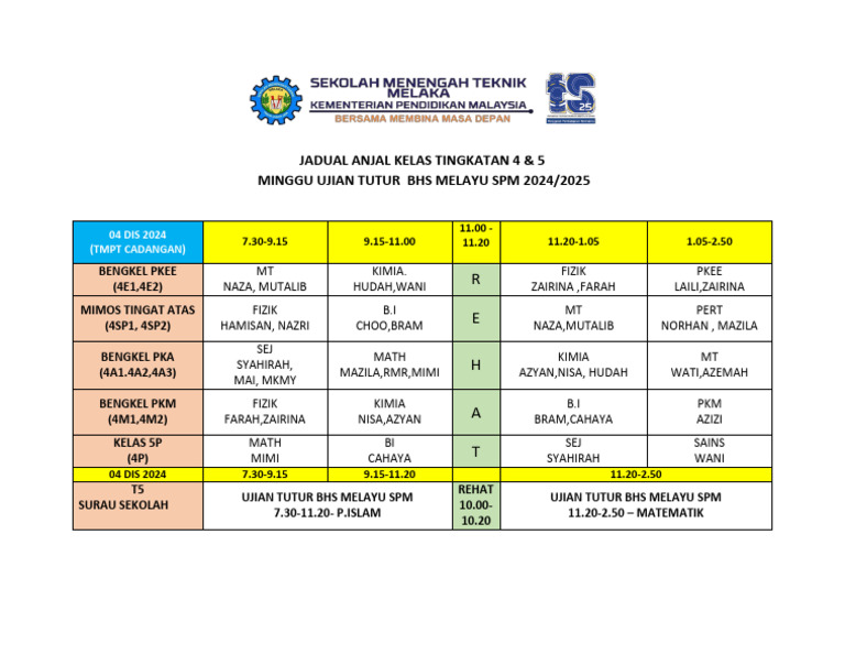 JADUAL ANJAL KELAS TINGKATAN 4_5 TUTUR BM 4 DIS 2024 | PDF