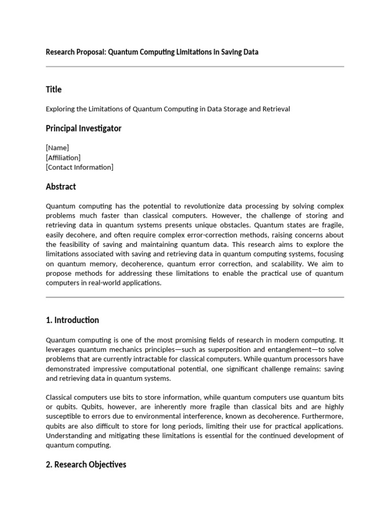Research Proposal Quantum Computing Limitations In Saving Data Pdf Quantum Computing Computing