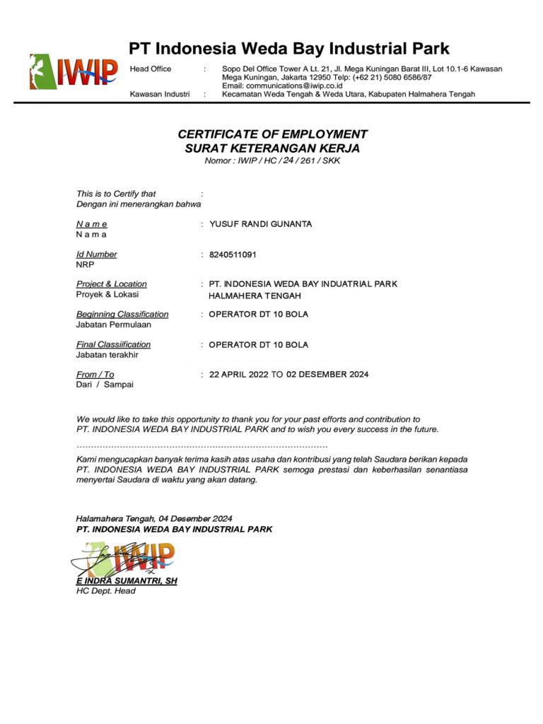 Paklaring PT IWIP | PDF