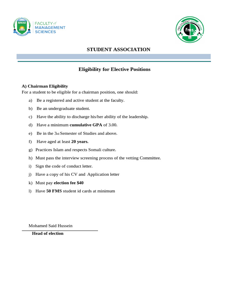 Student Association Chairman Eligibility | PDF