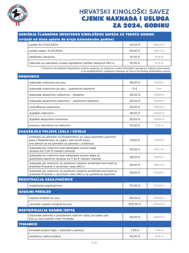 HKS Cjenik Usluga 2024 | PDF