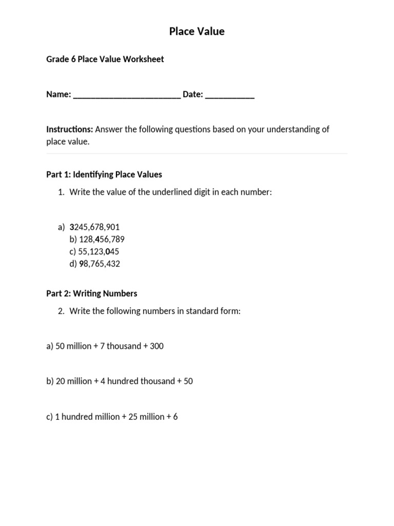Grade 6 Place Value Worksheet | PDF