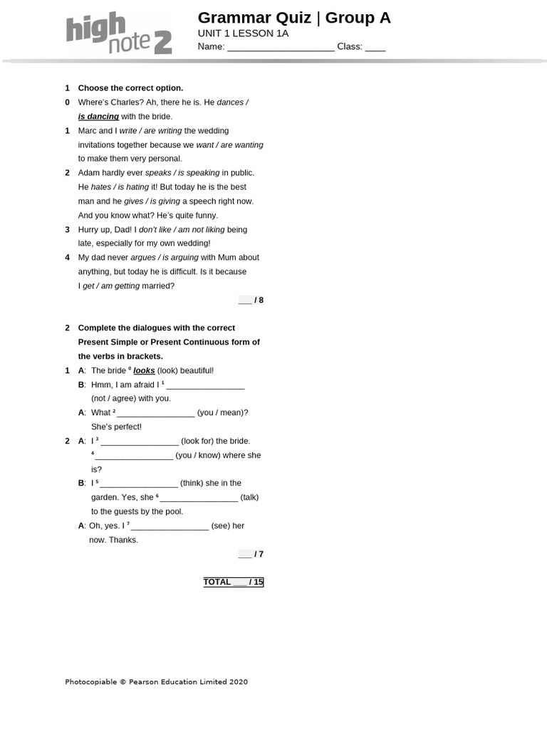 HighNote2 Grammar Quiz Unit01A GroupA | PDF