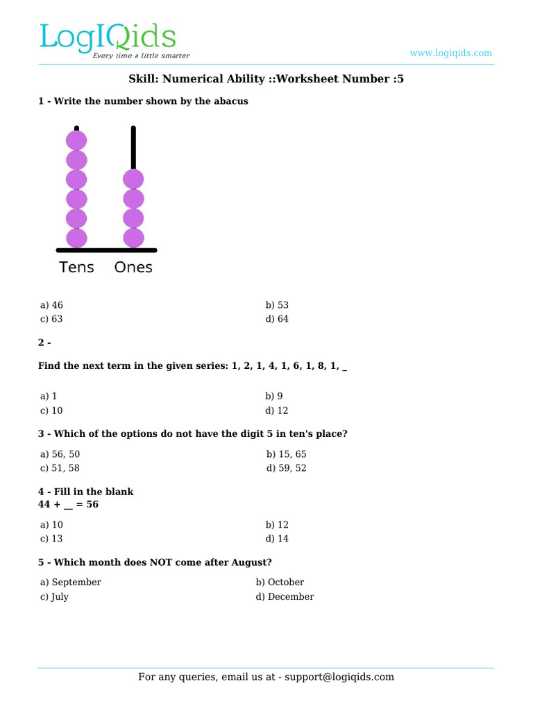 Skill: Numerical Ability::Worksheet Number:5: A) 46 B) 53 C) 63 D) 64 | PDF