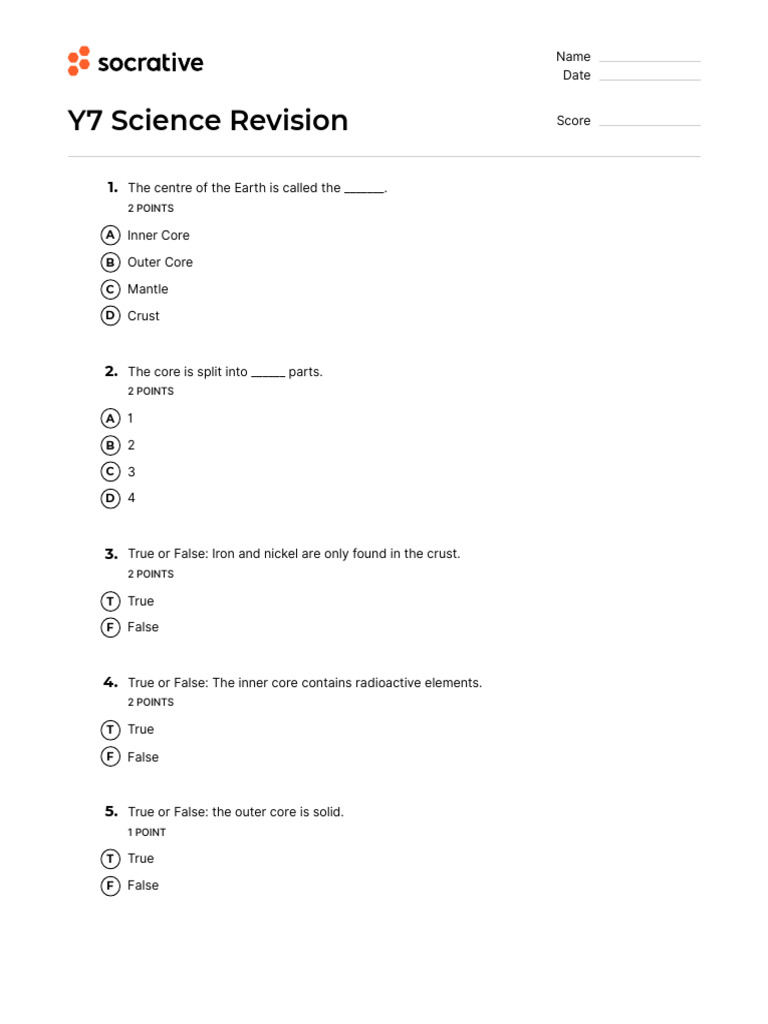 Y7 Science Revision Quiz | PDF | Acid | Chemical Elements