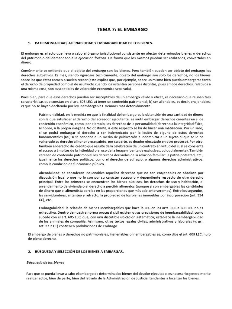 Embargo: Patrimonialidad y Procedimiento | PDF | Bienes (Ley) | Propiedad