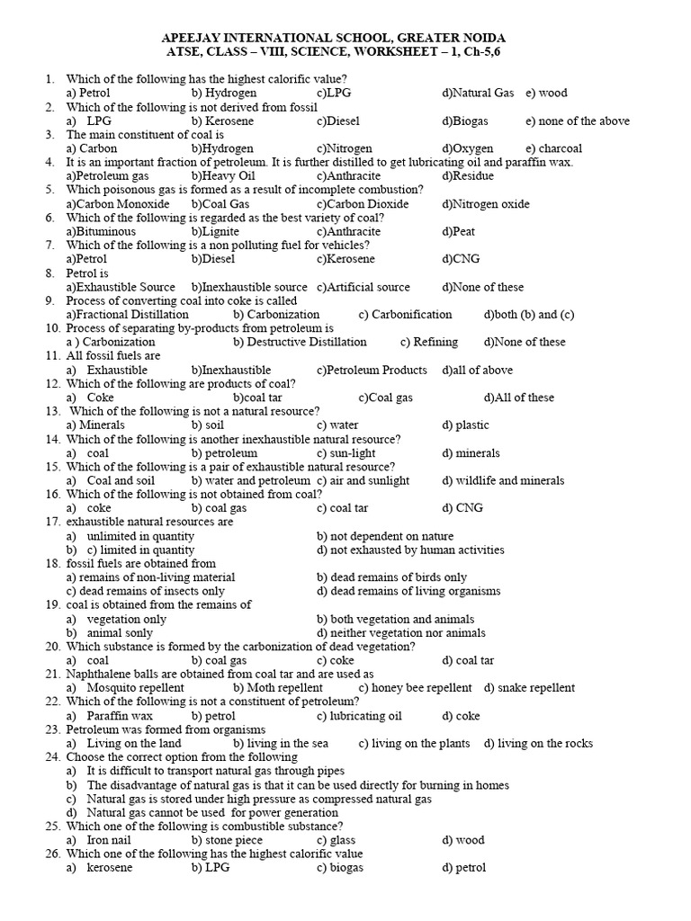 Class 8 Science Worksheet: Fuels & Combustion | PDF | Combustion | Fires