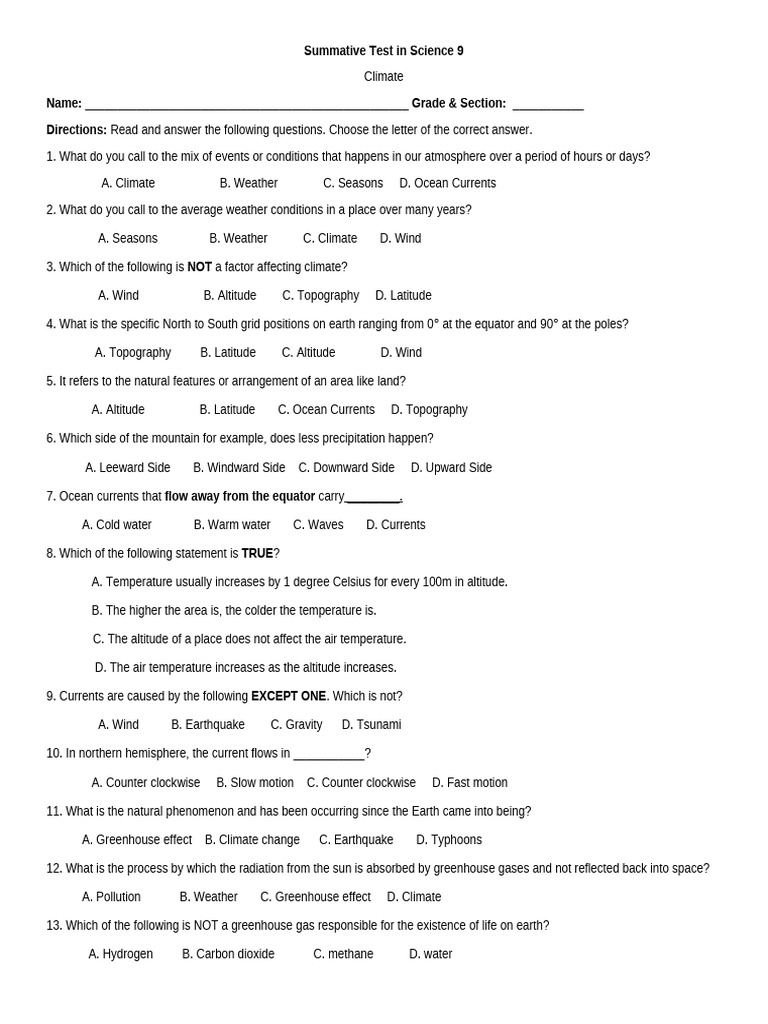 Summative Test in Science 9 | PDF | Climate Change | Greenhouse Effect