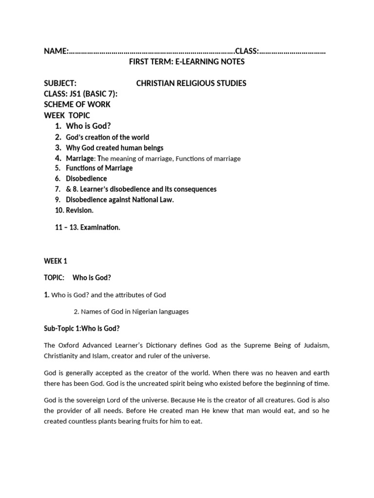 JSS1 First Term CRS Lesson Notes | PDF | Adam | Genesis Creation Narrative